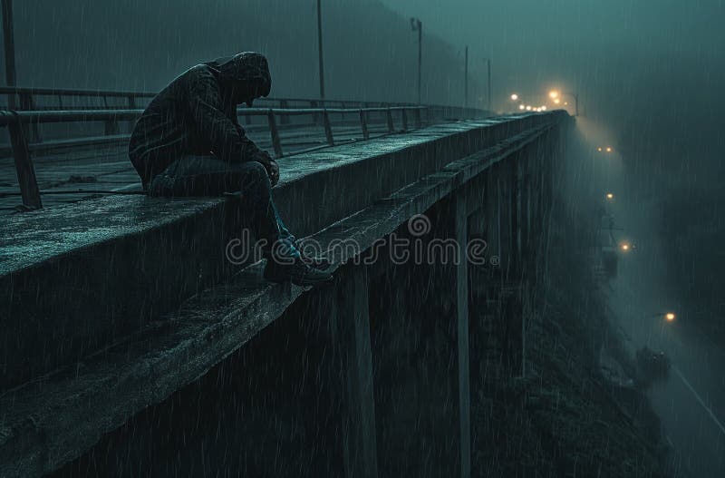 AI-generated Illustration of a Man Sitting on the Edge of a Bridge in a ...