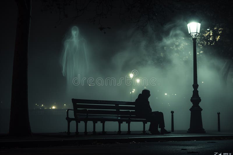 AI Generated Illustration of a Man Sitting on a Park Bench at Night ...