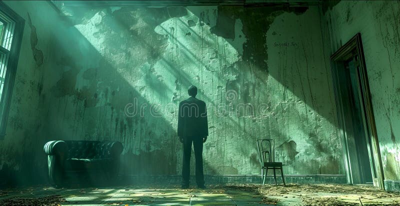 A Man Standing in an Empty Room Looking Out a Window Stock Photo ...