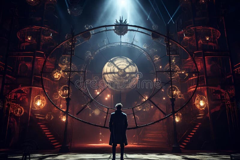 A Man Standing in Front of a Giant Clock Tower at Night Stock ...
