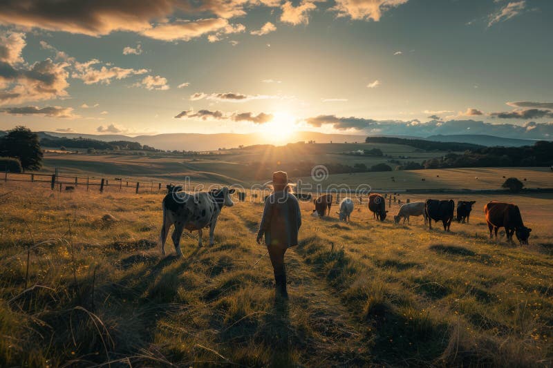 A Man on Top of a Mountain Surrounded by Cattle Eating Grass Stock ...
