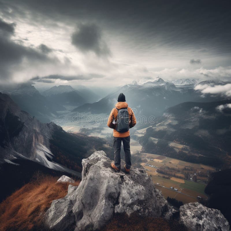 AI Generated Illustration of a Man Standing on a Mountaintop, Looking ...