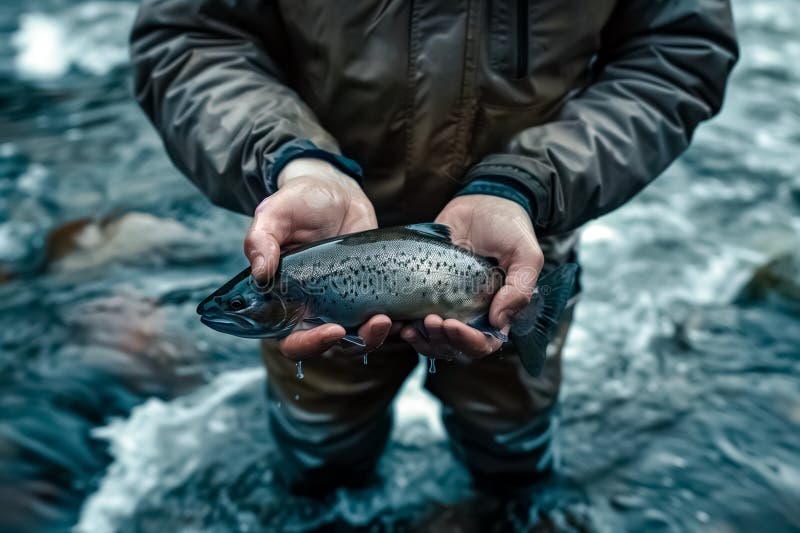 AI-generated Illustration of a Man Standing in a River Holding Fish ...