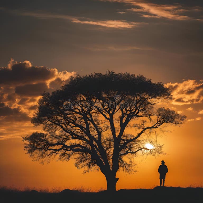 AI Generated Illustration of a Man Standing beside Tree at Sunset in ...