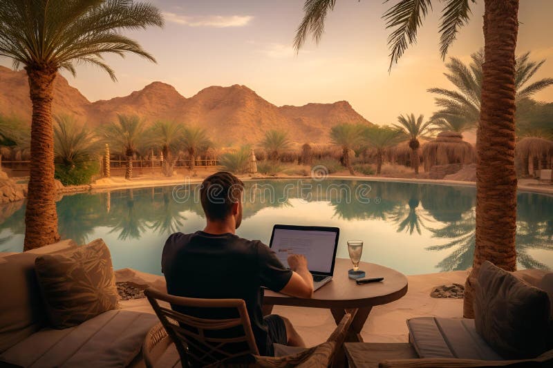 AI-generated Illustration of a Man Working with a Laptop while Sitting ...