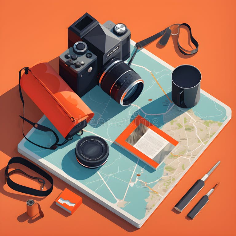 AI Generated Illustration of a Map of an with a Camera and a Pair of ...