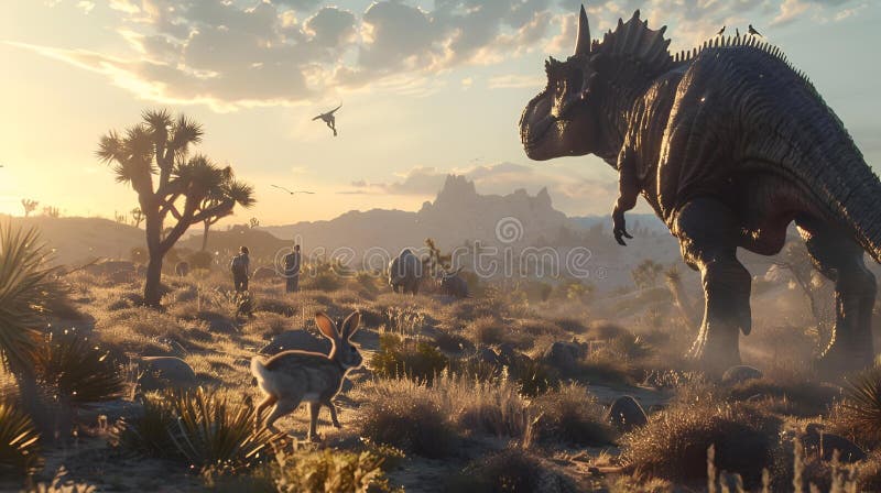 A Large Dinosaur is Moving through a Desert in this Scene Stock ...