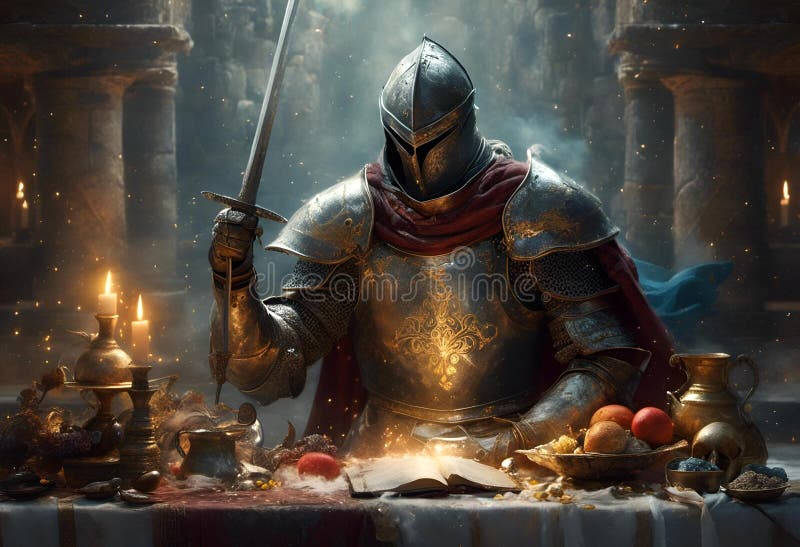 AI-generated Illustration of a Knight with Sword Sitting at Table with ...