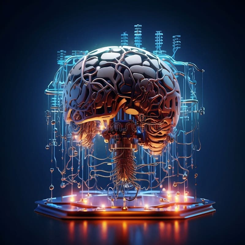AI Generated Illustration of a Metallic Brain Surrounded by Electrical ...