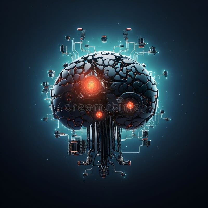 AI Generated Illustration of a Metallic Brain Surrounded by Electrical ...
