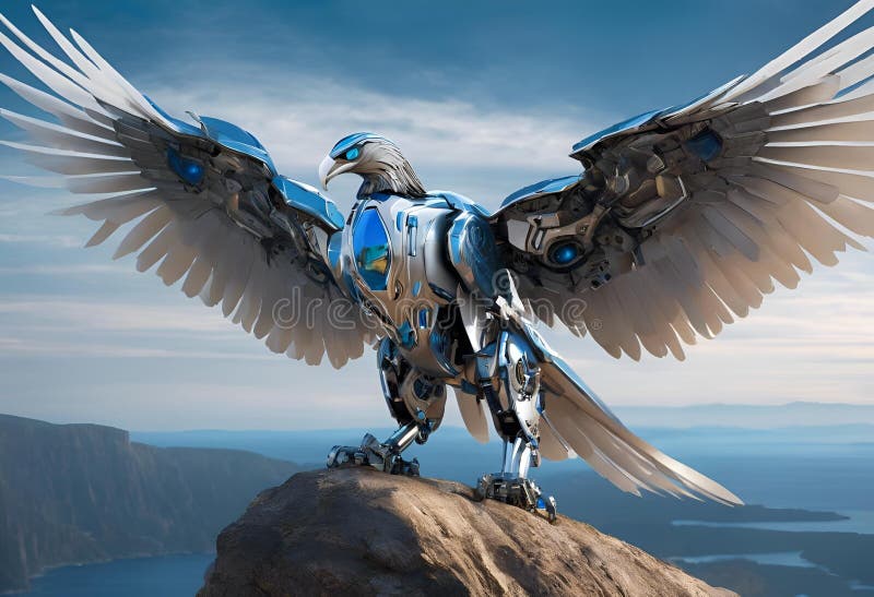 AI Generated Illustration of a Metallic Cyber Eagle Perched on a Rock ...