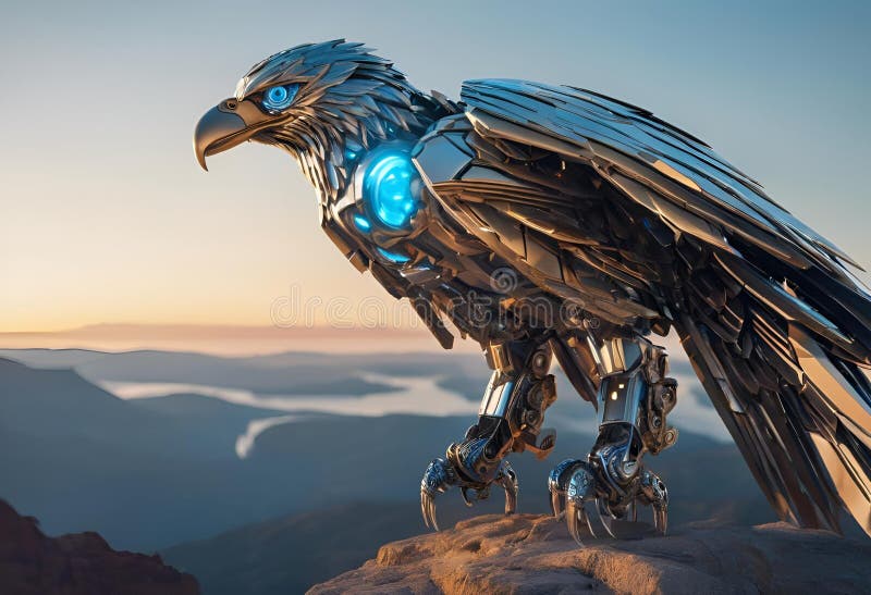 AI Generated Illustration of a Metallic Cyber Eagle Perched on a Rock ...