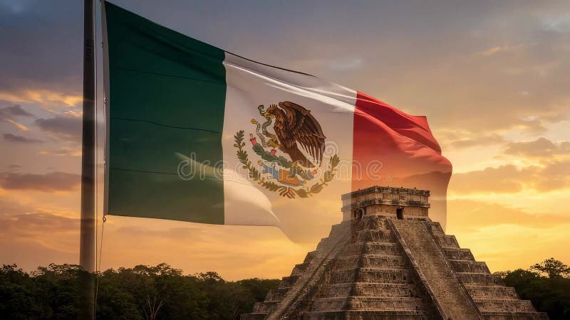 Mexican Flag Waving Near the Mayan Pyramid of Chichen Itza Under a ...