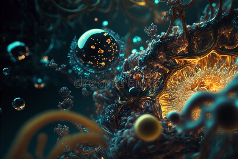 AI Generated Illustration of Microscopic Liquid Particles in Golden ...