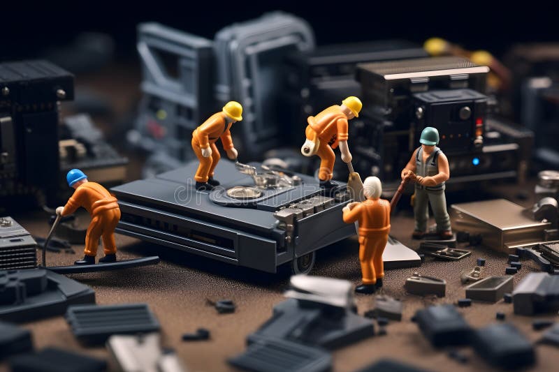 Miniature Construction Workers on Top of a Piece of Metal with Tools ...