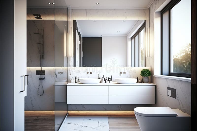 AI Generated Illustration of a Modern Bathroom Featuring Two Sinks and ...