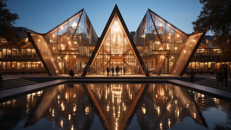 Ai Generated Illustration Of A Modern Building Reflecting On A Pool In Twilight Stock