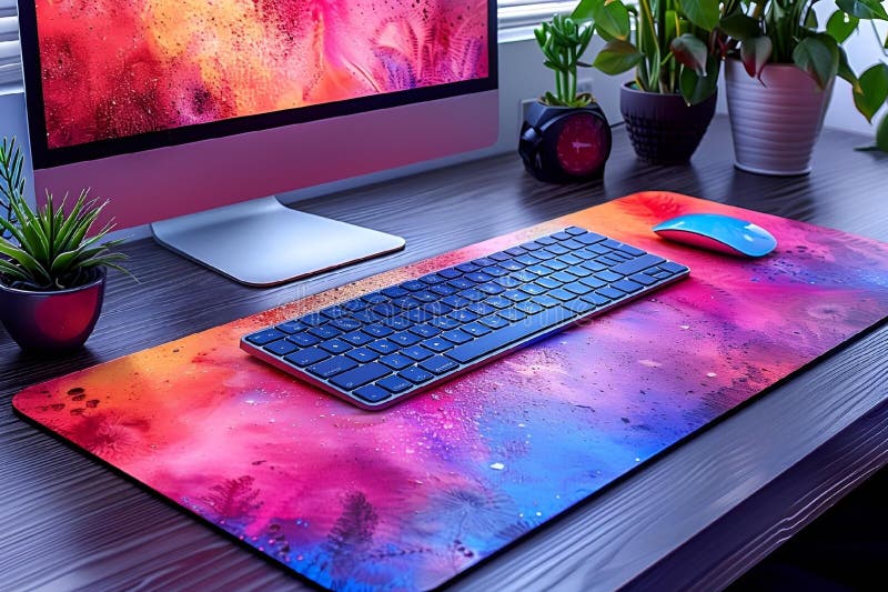 Modern Computer Setup with Vibrant Mouse Pad and Potted Plants on a ...