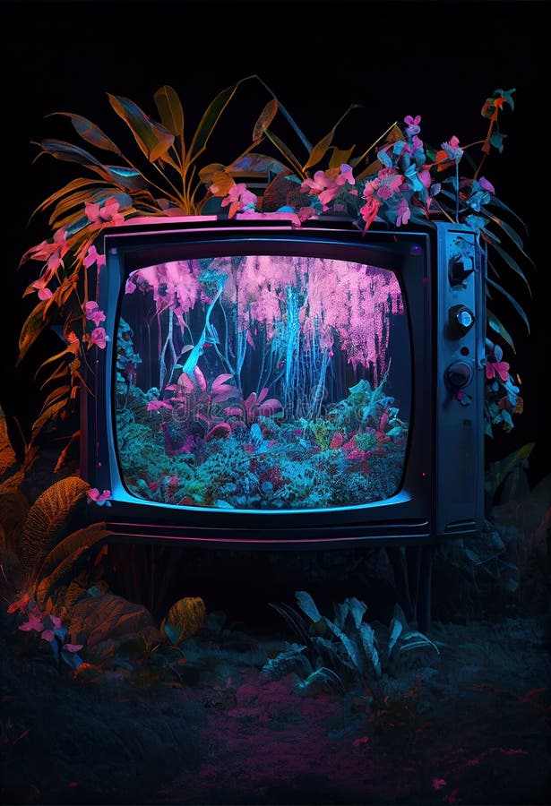 AI Generated Illustration of a Modern Flat Screen TV in a Lush Tropical ...