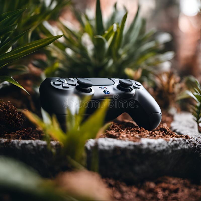 A Modern Game Controller Resting on a Stone Platform Surrounded by Lush ...