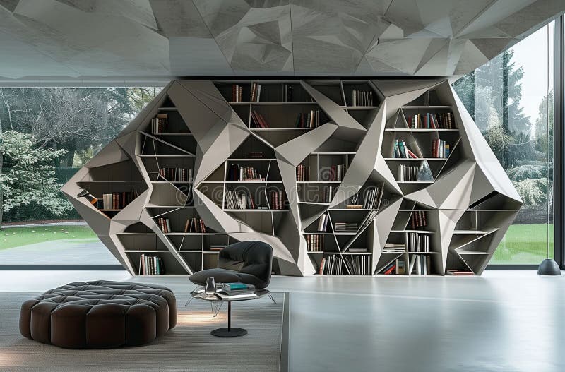 AI Generated Illustration of a Modern Library with Unique Geometric ...