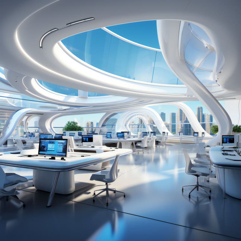 AI Generated Illustration of a Modern Office Space Filled with Desks ...