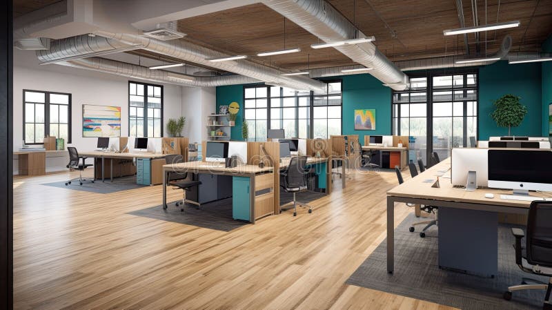 AI Generated Illustration of a Modern Office Space with Rows of Desks ...