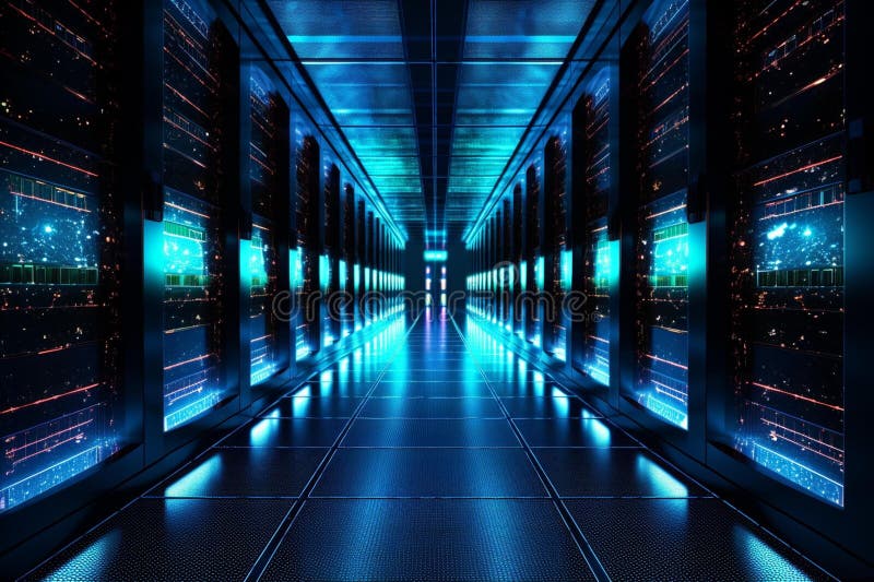 AI Generated Illustration of a Modern Server Room with Blue Lights ...
