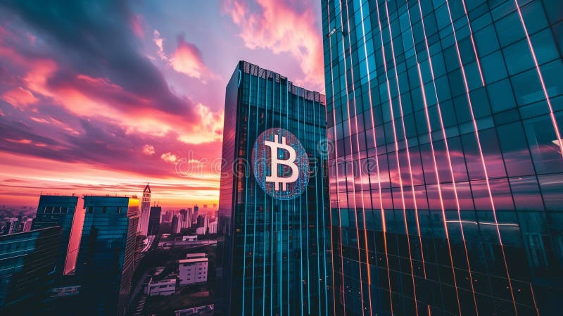 AI Generated Illustration of a Modern Skyscraper with a Glowing Bitcoin ...