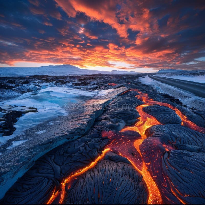 AI-generated Illustration of Molten Lava Cascading Down the Volcano at ...