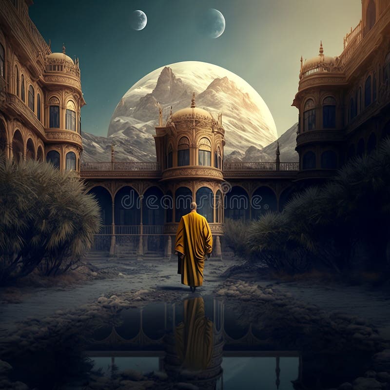 AI Generated Illustration of a Monk Buddhist Walking on Wet Ground by a ... AI Generated Illustration of a Monk Buddhist Walking on Wet Ground by a ...