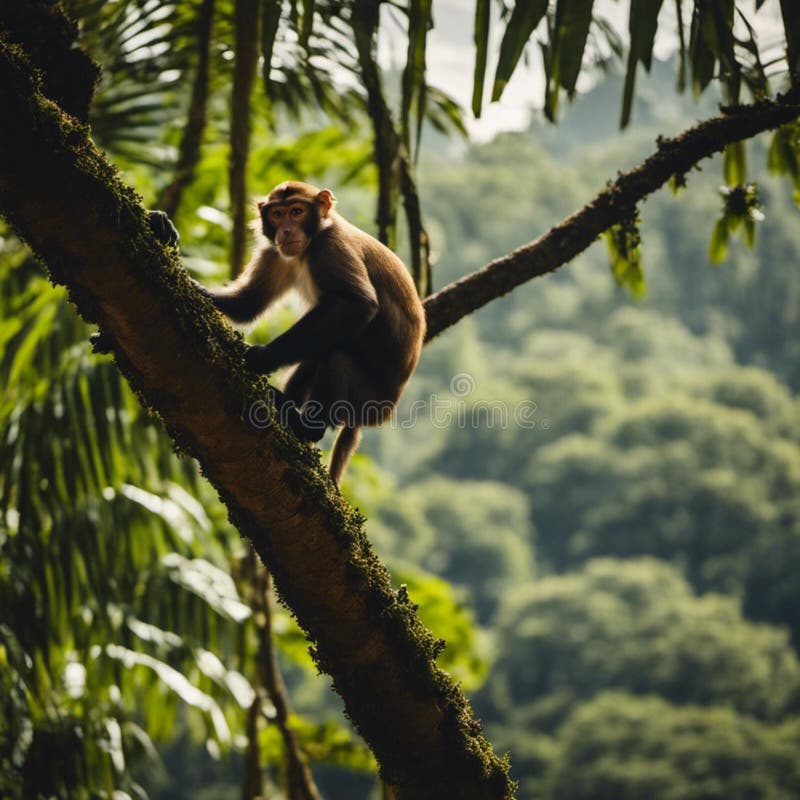 AI Generated Illustration of a Monkey Perched on a Lush Tree Branch in ...