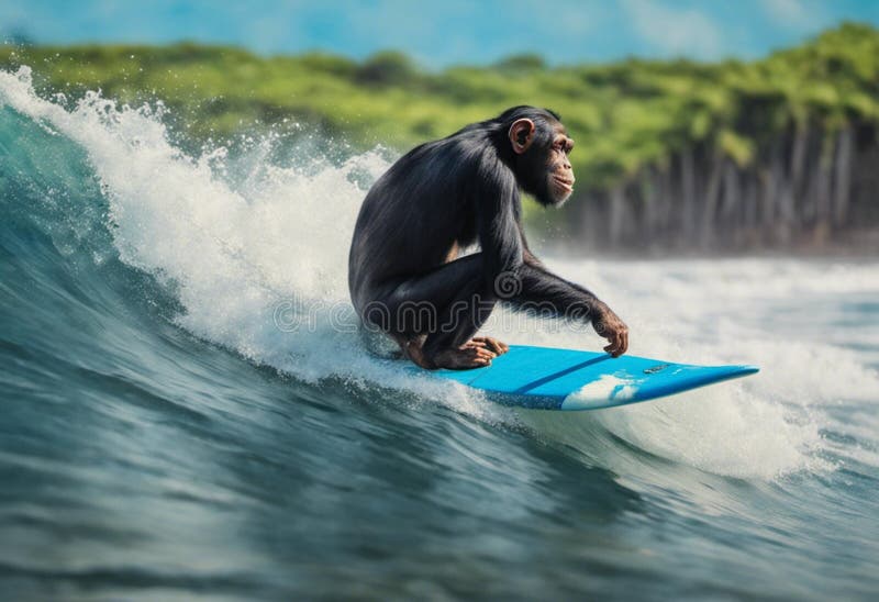 AI Generated Illustration of a Monkey Riding a Blue Surfboard on a ...