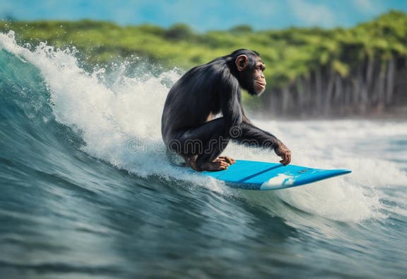 AI Generated Illustration of a Monkey Riding a Blue Surfboard on a ...