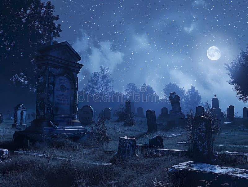 An Abandoned Graveyard at Midnight Stock Illustration - Illustration of ...