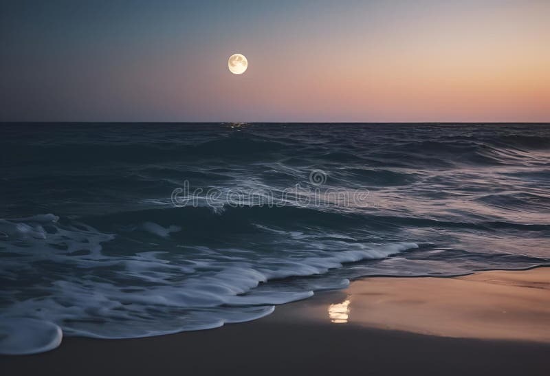AI Generated Illustration of the Moon Setting Over Beach at Sunset on ...