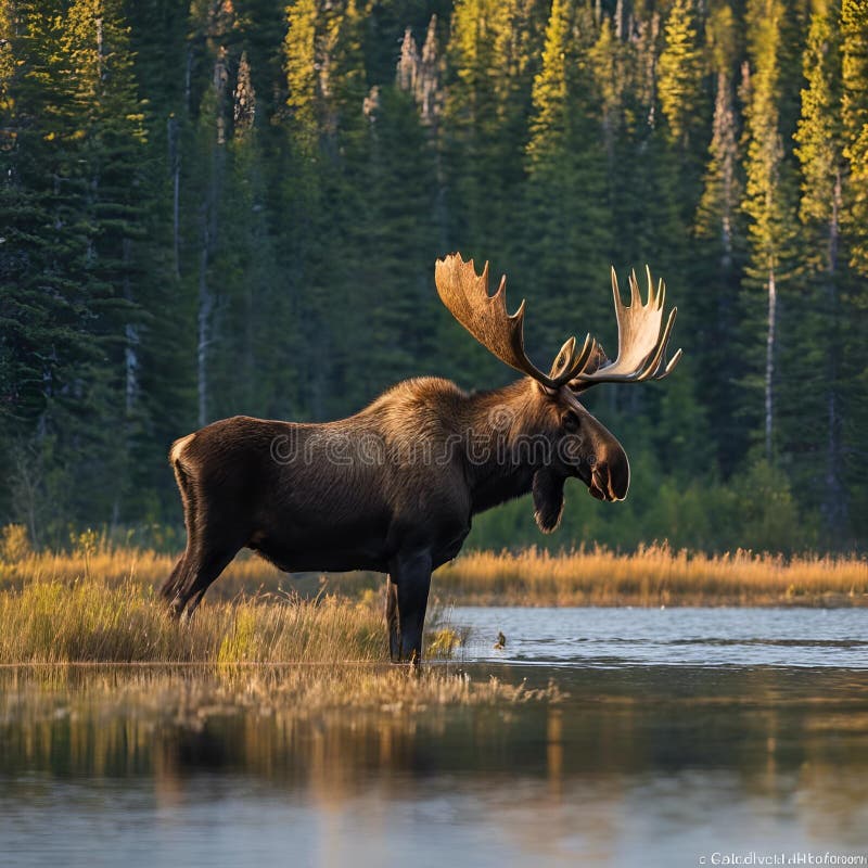 AI Generated Illustration of a Moose Standing in Water with Trees in ...