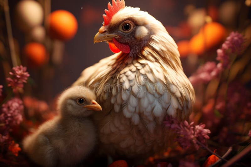 AI Generated Illustration of a Mother Hen with Its Chick Stock ...