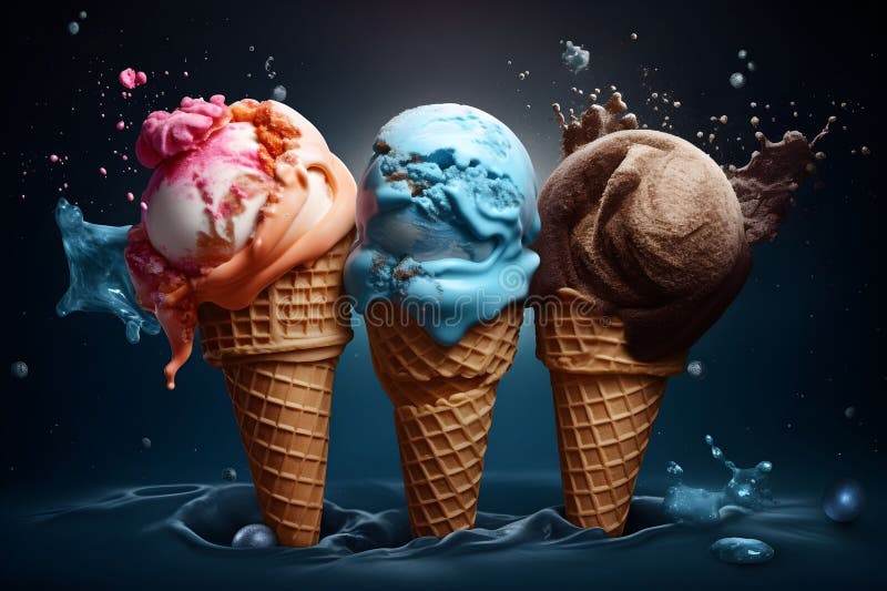 Ai Generated Illustration Of Multi Colored Ice Cream Cones Stock