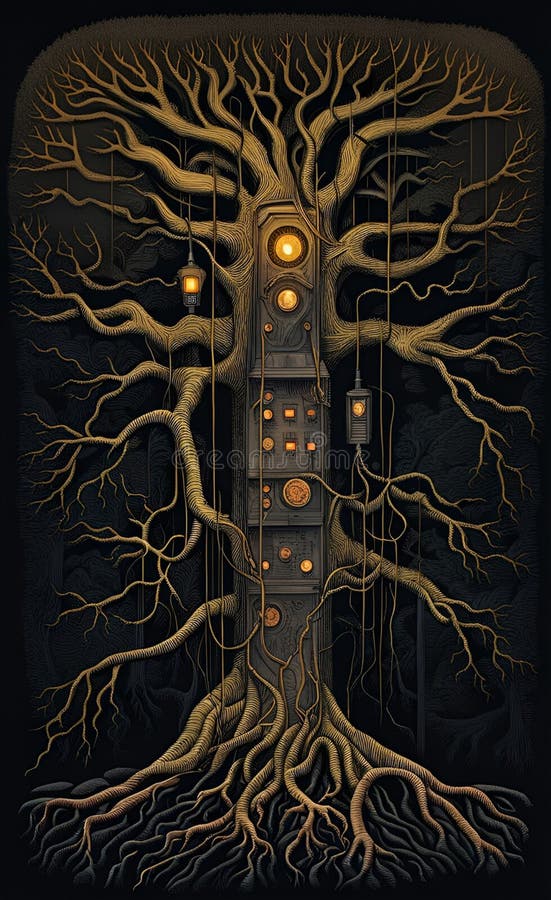 AI Generated Illustration of a Tree with Roots and Electric Circuits ...