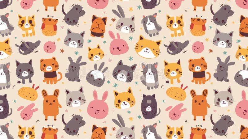 Cute Cartoon Animal Pattern Featuring Cats, Rabbits, and Other Adorable ...