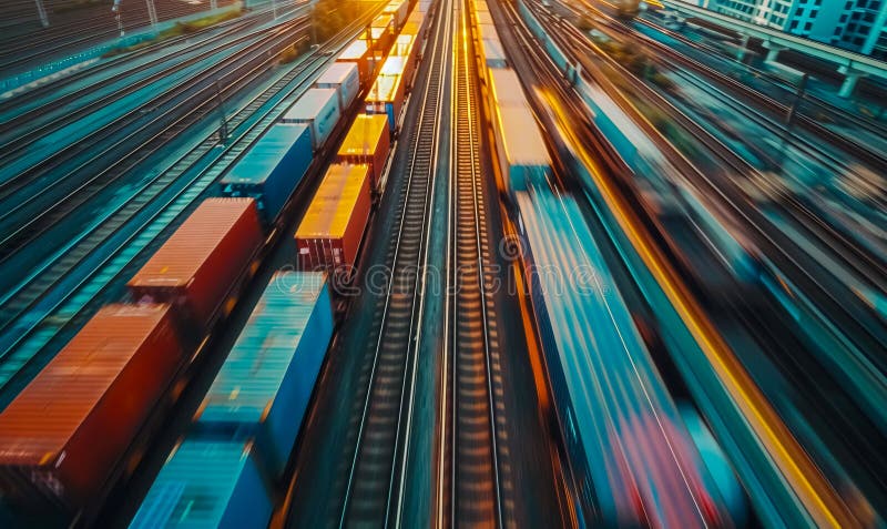 AI Generated Illustration of Multiple Trains Moving Along the Tracks at ...