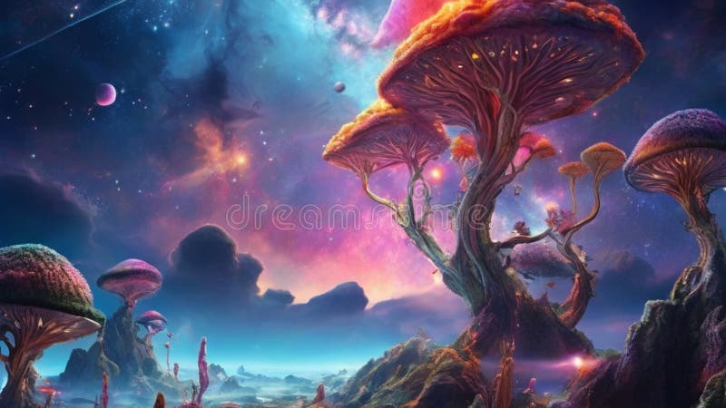 AI Generated Illustration of Mushrooms in Foreground with Alien-like ...