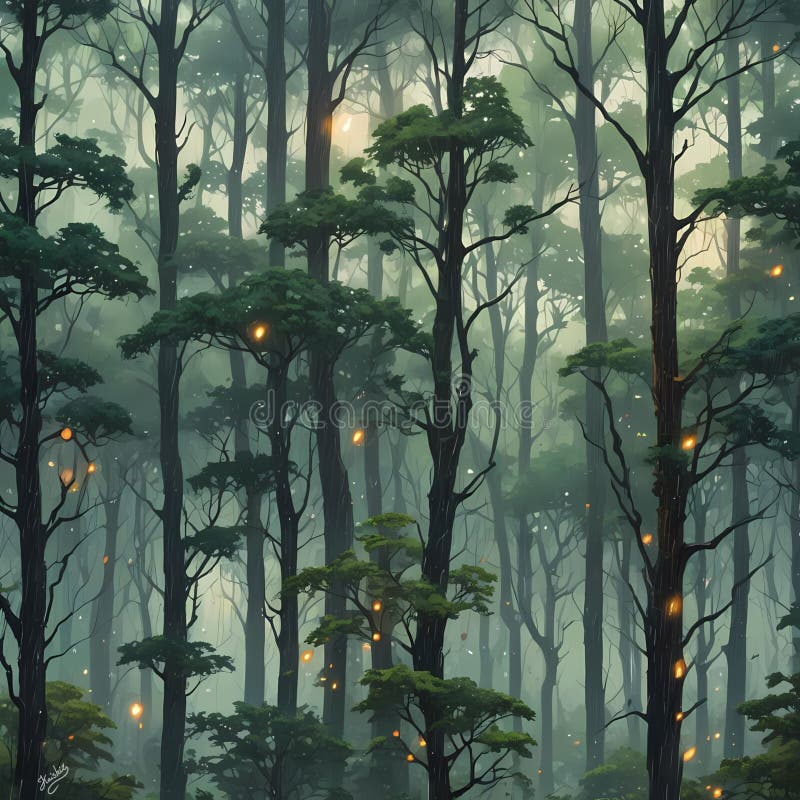 A Mystical Forest with Glowing Fireflies and Tall Trees in the Mist ...