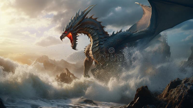 AI Generated Illustration of a Mythical Dragon Surrounded by Large ...