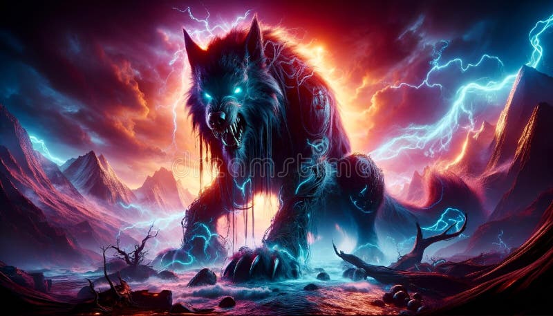 A Mythical Werewolf Standing on Rocks with Lightnings in the Background ...