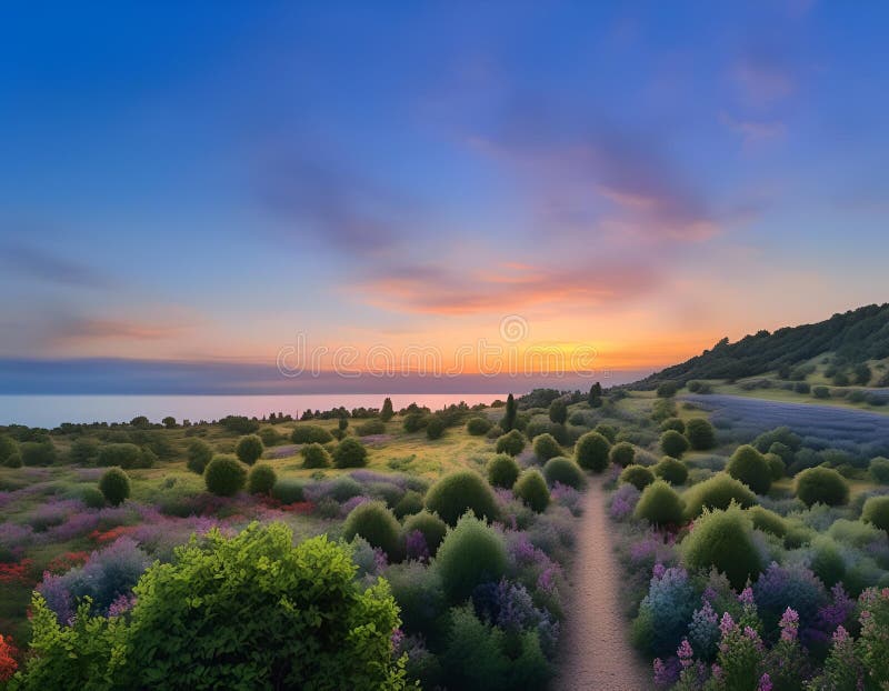 AI Generated Illustration of a Narrow Path Leading Toward the Sunset ...