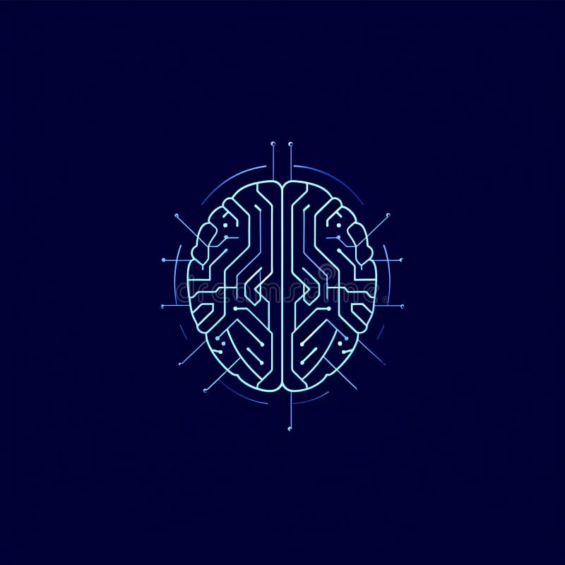 A Neon Brain Logo on a Black Background with Lines and Dots Stock ...