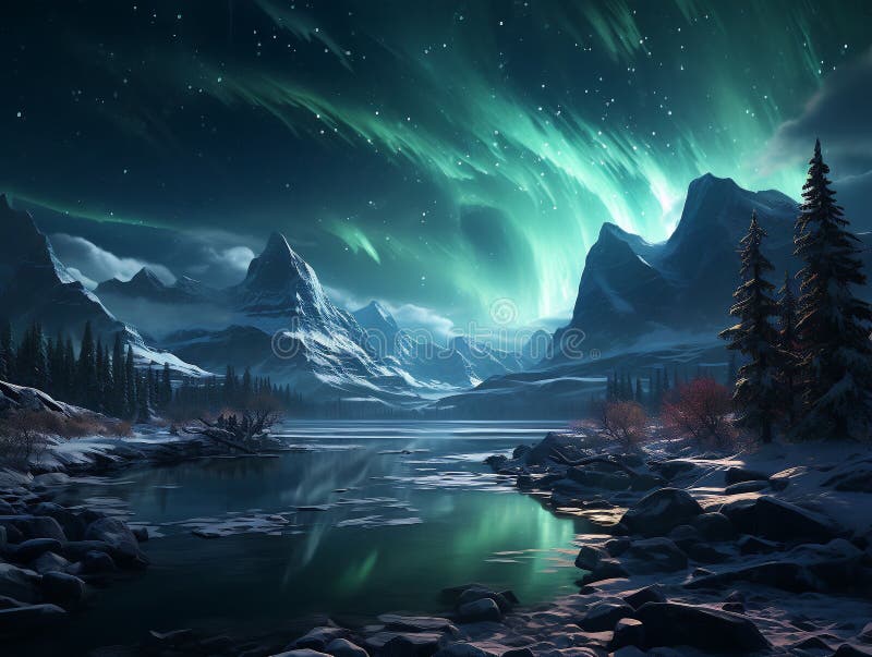 AI Generated Illustration of a Night Sky Featuring an Icy Mountain Peak ...