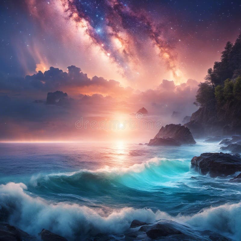 AI Generated Illustration of the Nightscape of a Tranquil Ocean ...